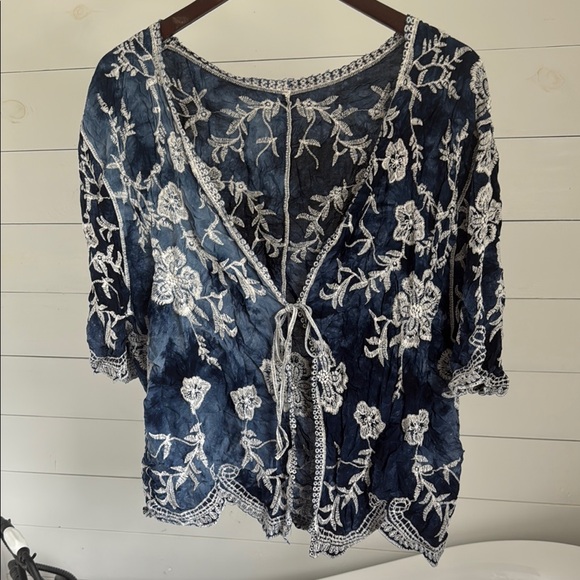 Tops | Elegant Blue And White Floral Lace Tie Front Top | Poshmark